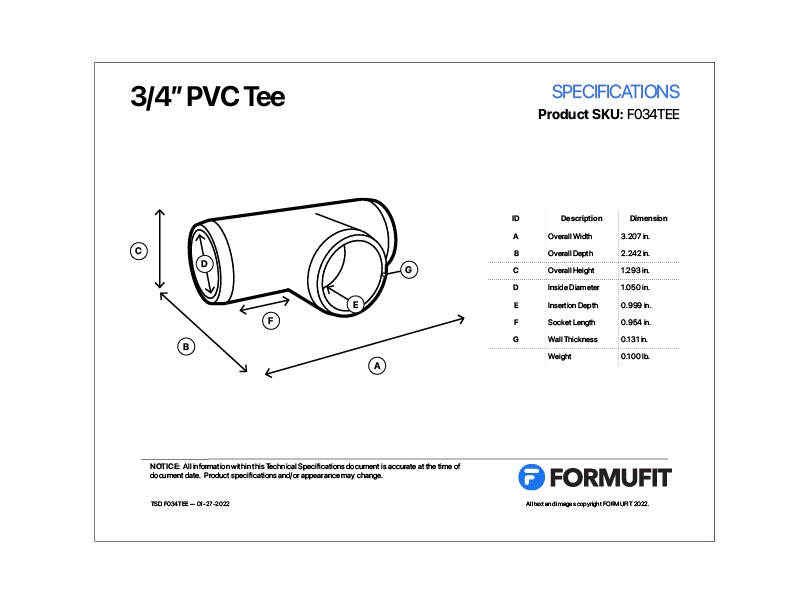 3 4 PVC Tee Fitting Furniture Grade FORMUFIT